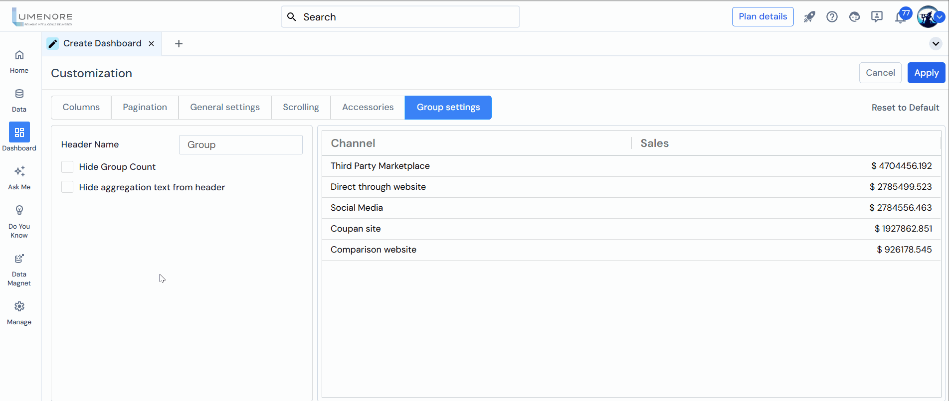 Table chart - Lumenore Knowledge Base