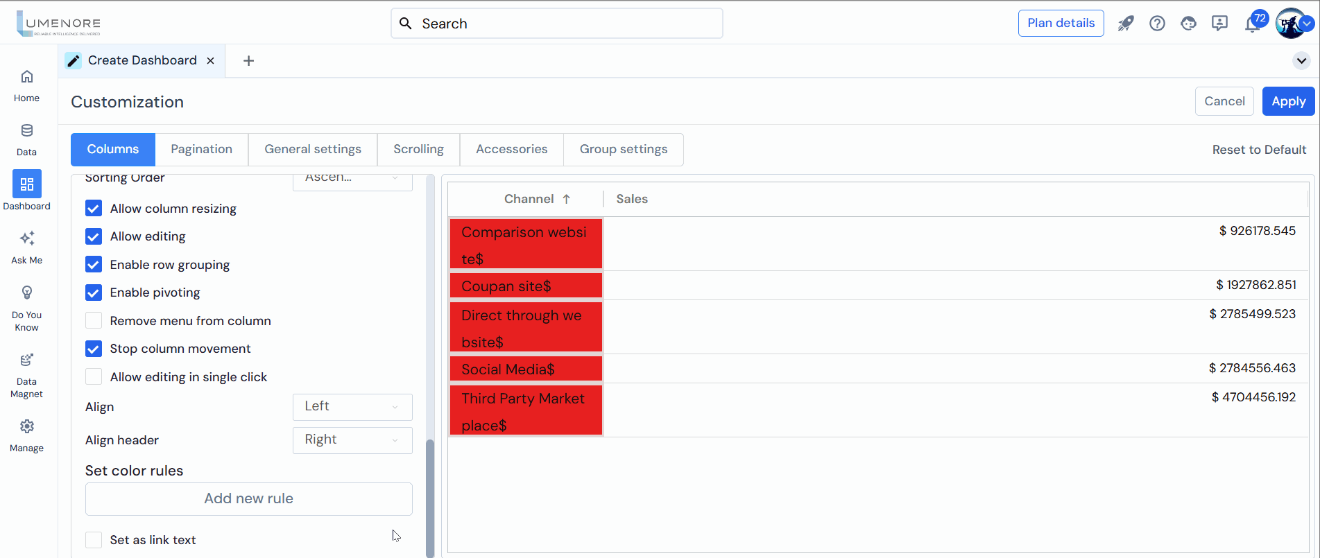 Table chart - Lumenore Knowledge Base